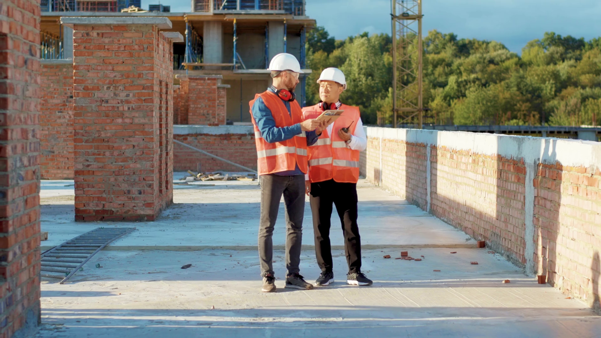 Close Up Two Men Builder Taking Walk Through Stock Footage SBV ...