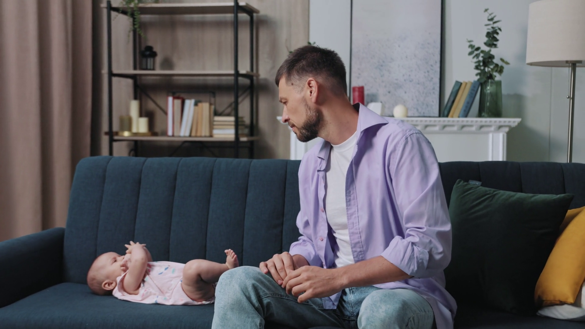 Tired Father Sitting With Newborn Child On Stock Footage SBV-352133927 ...