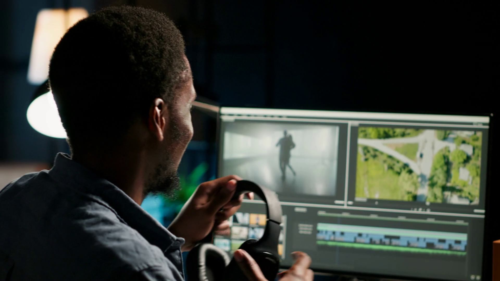 Black Guy Video Editor Working With Dual Stock Footage SBV-351885464 ...