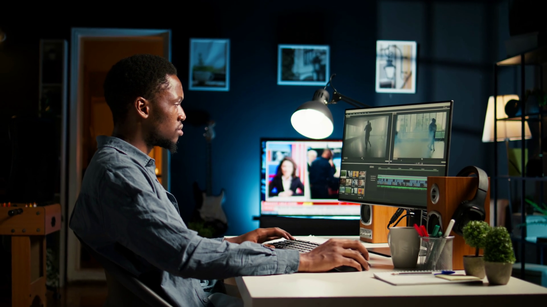 Young Man Video Editor Works On Editing Film Stock Footage SBV ...