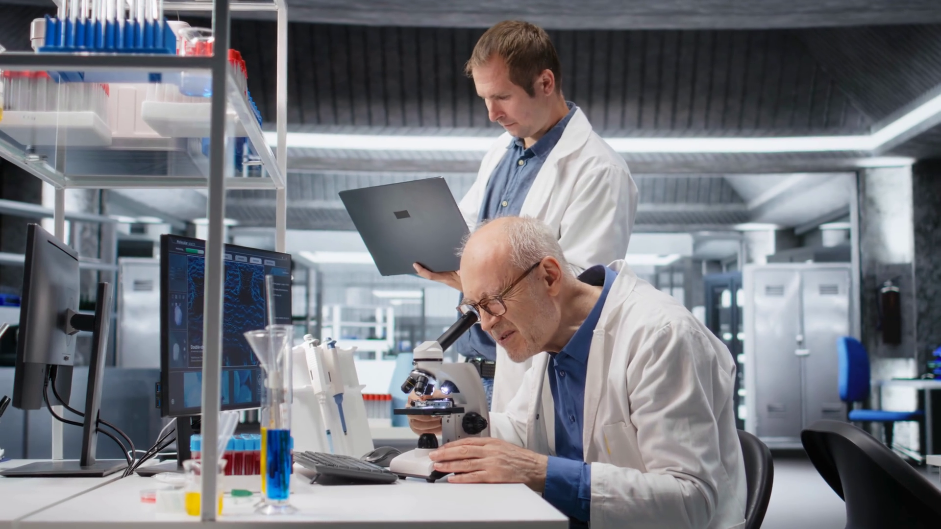 Old Man Scientist Using Microscope With Stock Footage SBV-352874478 ...