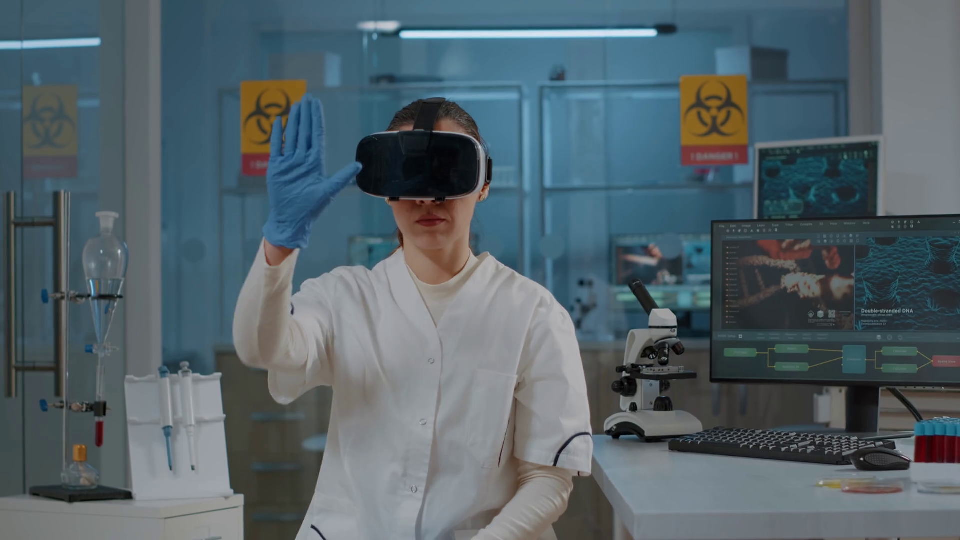 Chemist working with virtual reality headset in laboratory, using vr ...