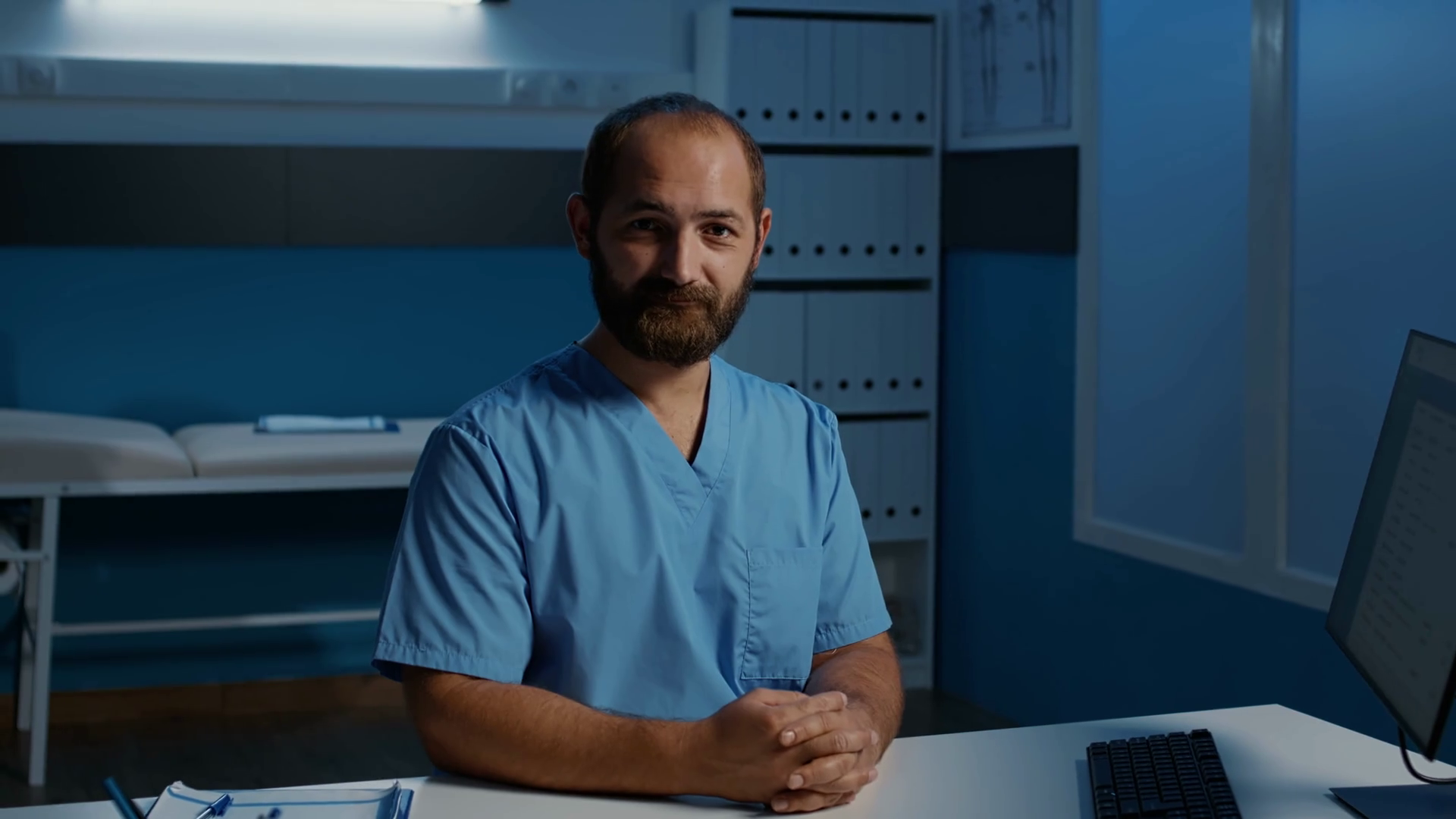 Practitioner Nurse Sitting At Desk Working Stock Footage SBV-347365913 ...