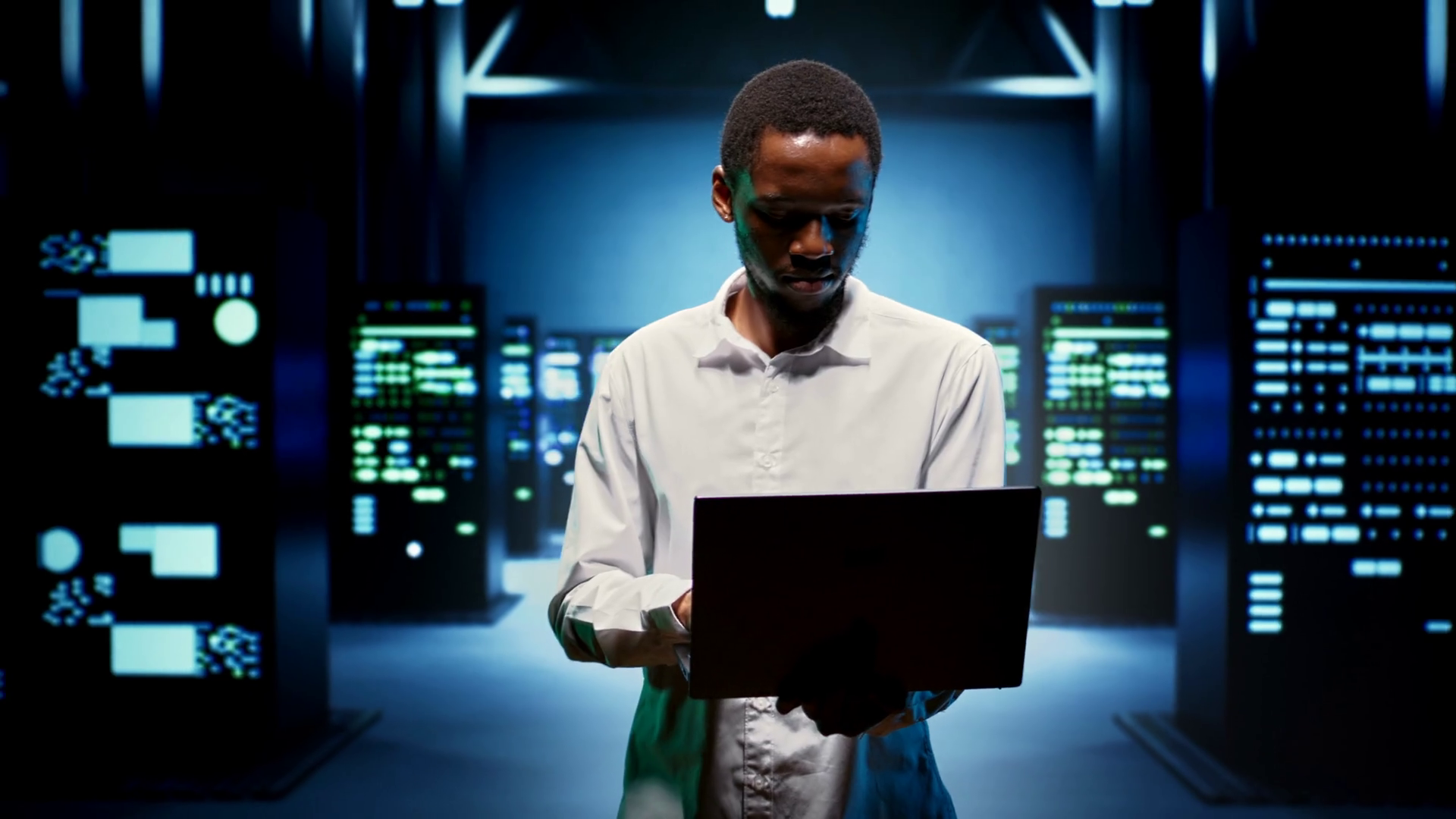 Computer Scientist Walking Between Data Stock Footage SBV-348368094 ...