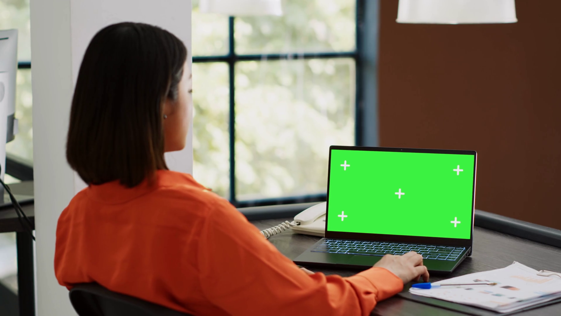 Asian Employee Looks At Greenscreen Template Stock Footage SBV ...