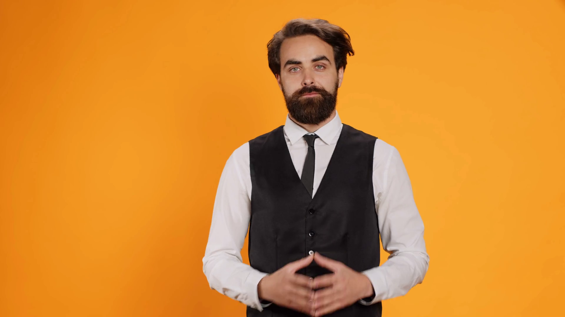 Skilled Butler Pointing To Sides On Camera Stock Footage SBV-348421539 ...