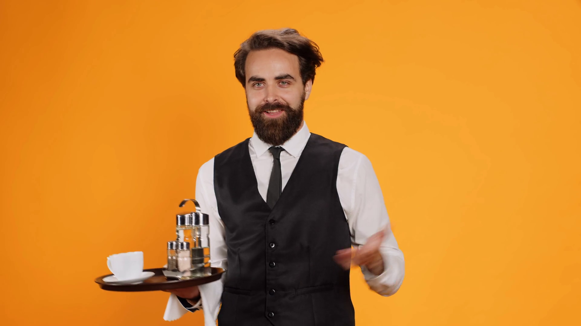 Confident Waiter Poses With Tray In Hand Stock Footage SBV-348462414 ...