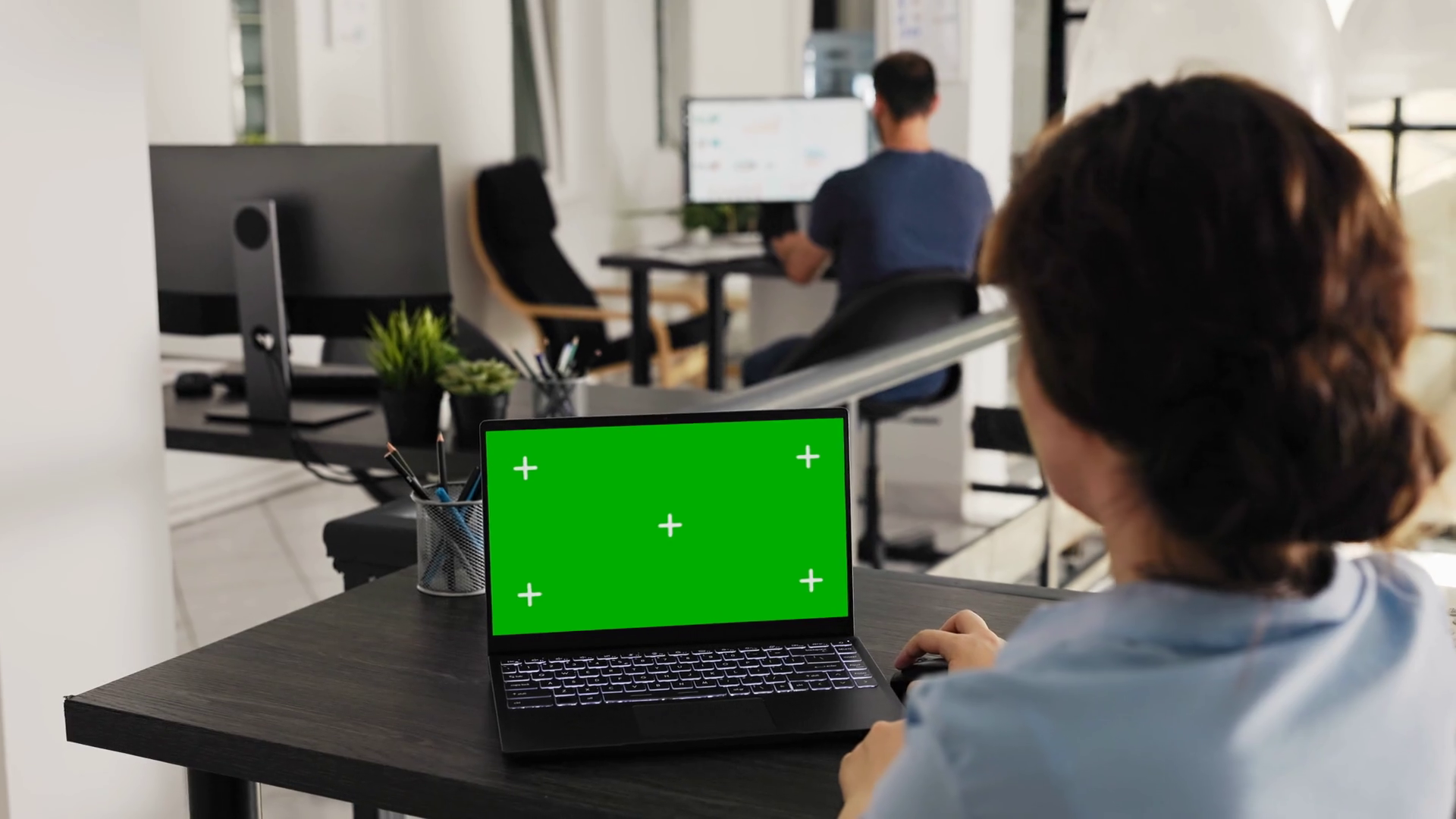 Employee Uses Greenscreen Layout On Laptop Stock Footage SBV-348653025 ...