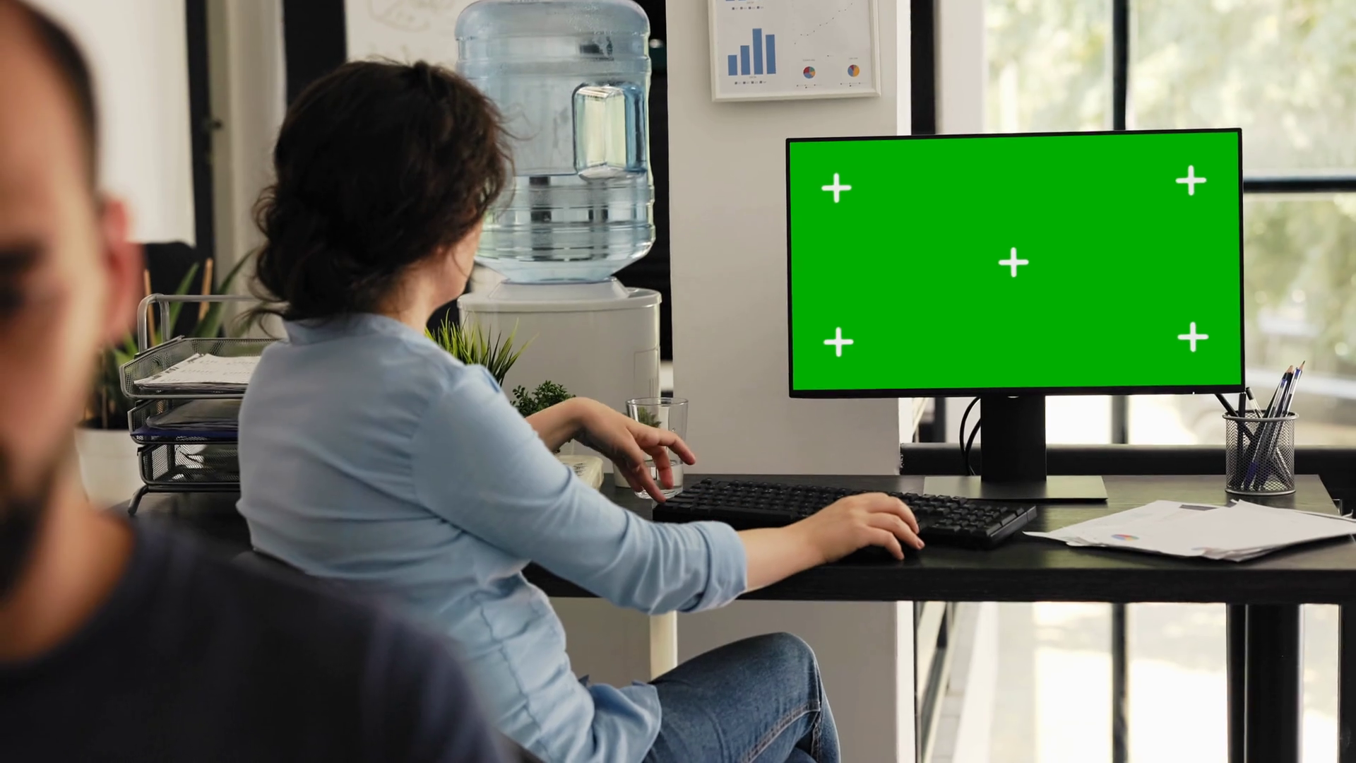 Office Employee Looks At Greenscreen Sitting Stock Footage SBV ...