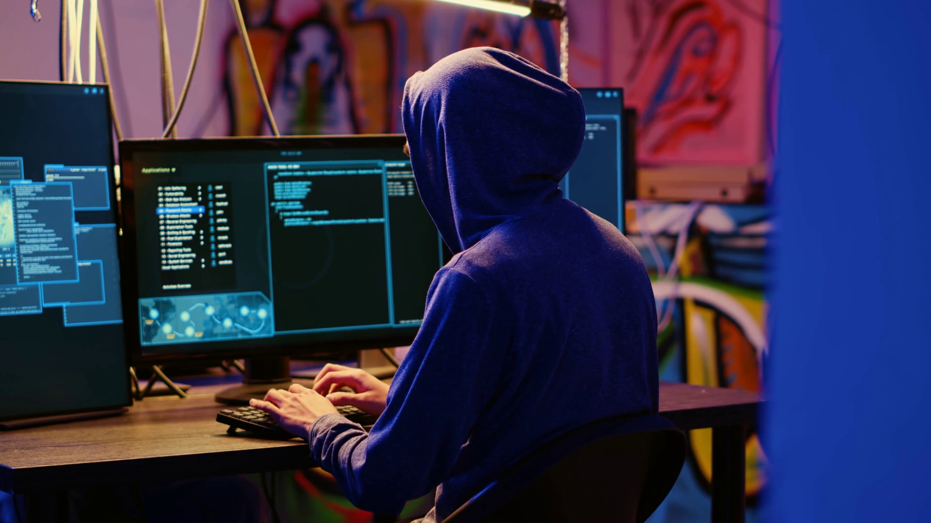 Hacker In Graffiti Painted Hideaway Base Stock Footage SBV-348670619 - Storyblocks