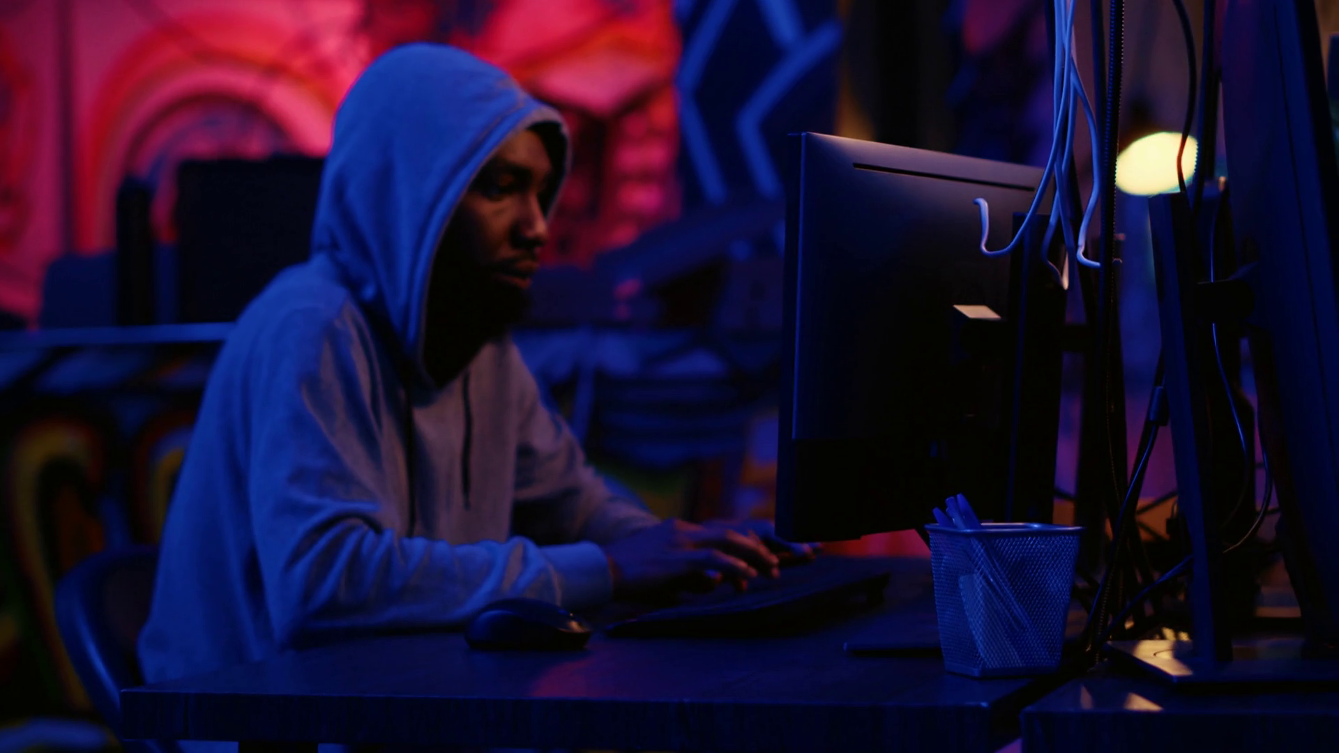 Hacker In Secret Dark Room Writing Lines Of Stock Footage SBV-348694951 ...