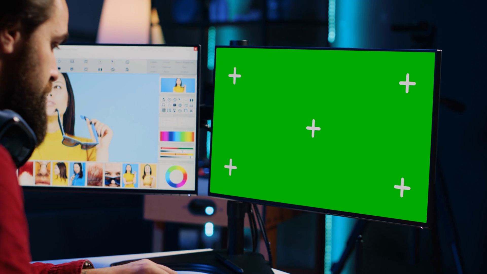 Photo Editor Using Green Screen Monitor To Stock Footage SBV-348707846 ...