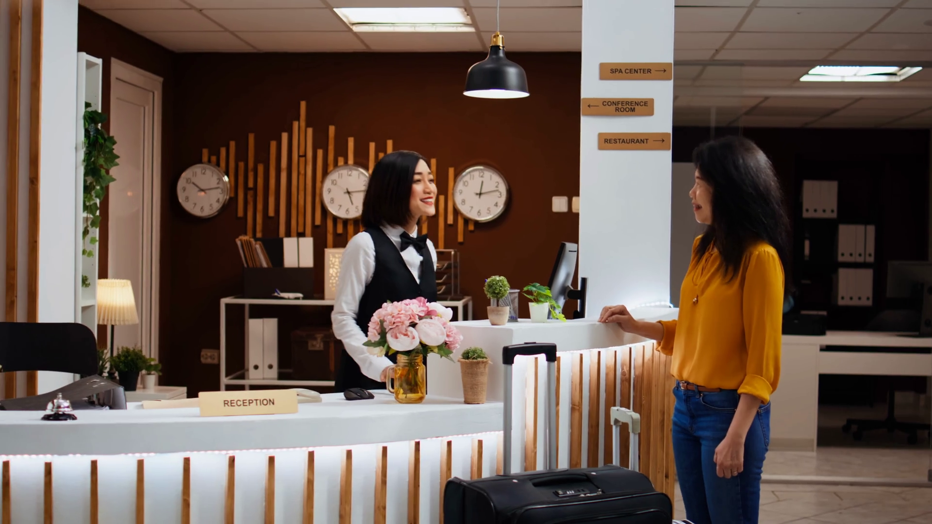 Receptionist Welcoming Asian Woman At Five Stock Footage SBV-348808892 ...