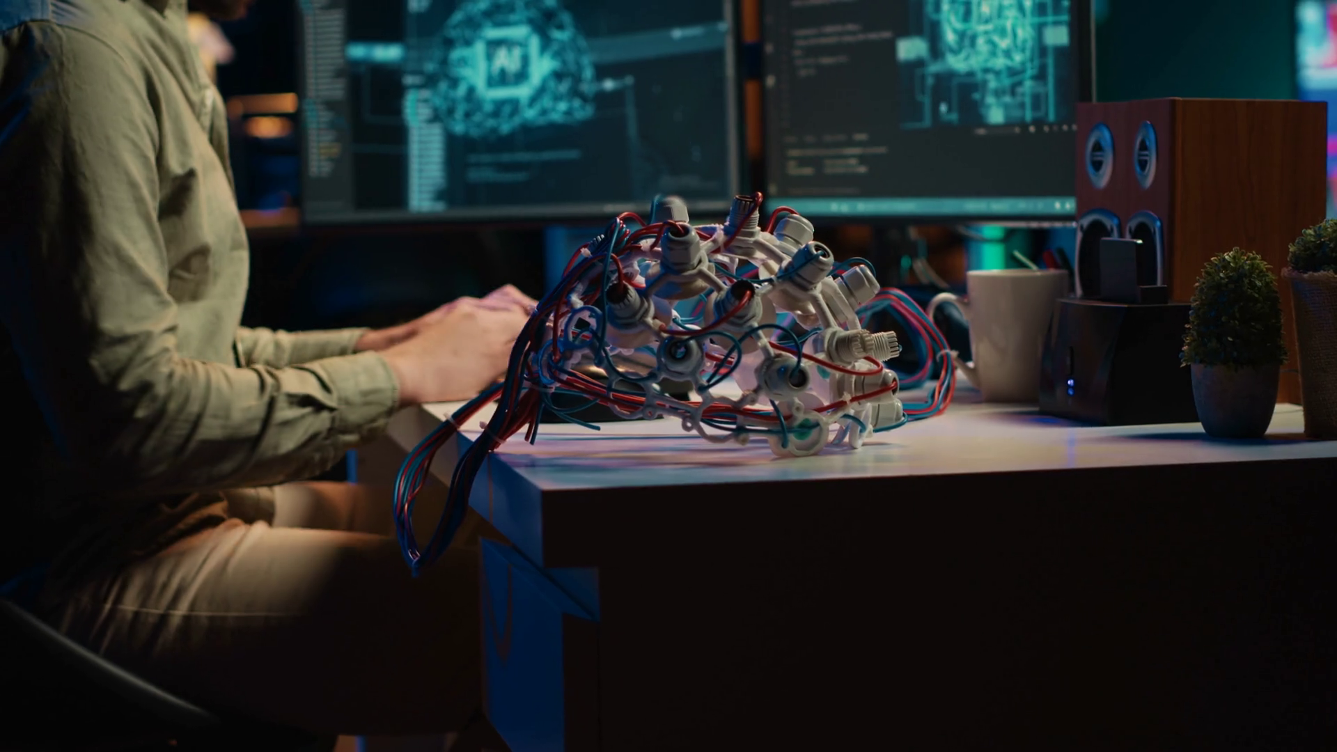 Man Puts Eeg Headset On To Transfer Mind Stock Footage SBV-348879386 ...