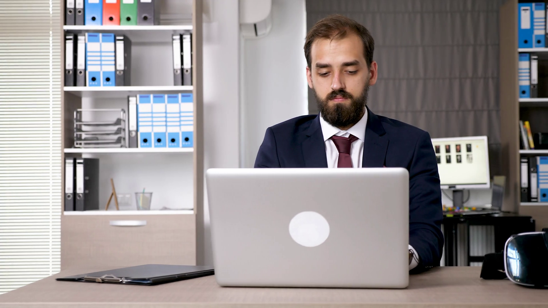 Businessman Works On Computer Picks Up Vr Stock Footage SBV-327308273 ...