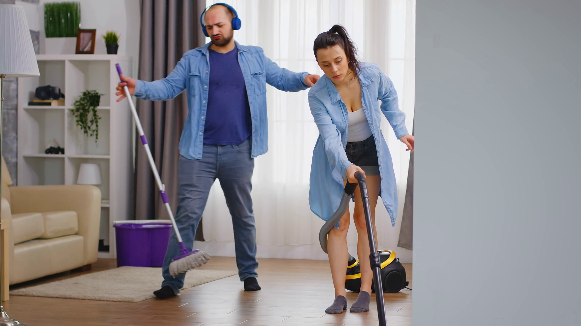 Cheerful Man Dancing Cleaning House Together Stock Footage SBV ...