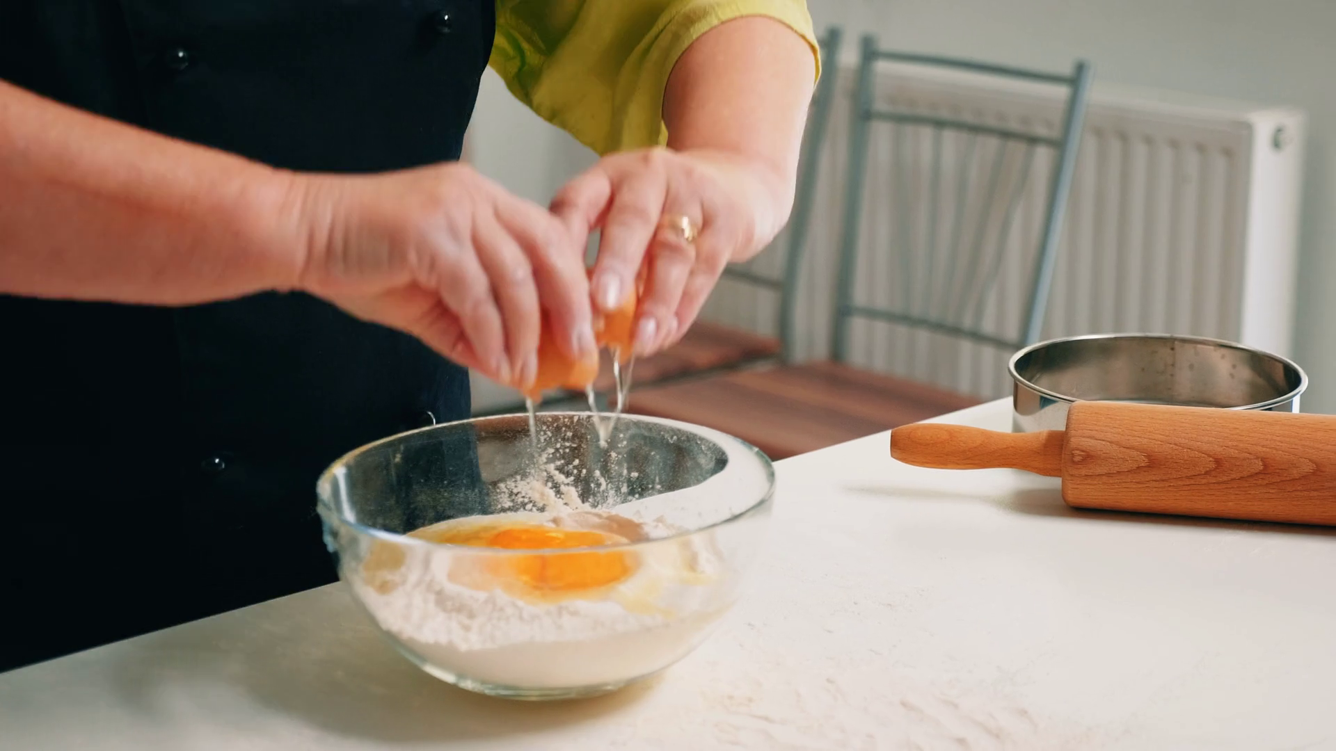Close Up Of Hands Woman Adding Eggs In Flour Stock Footage SBV ...