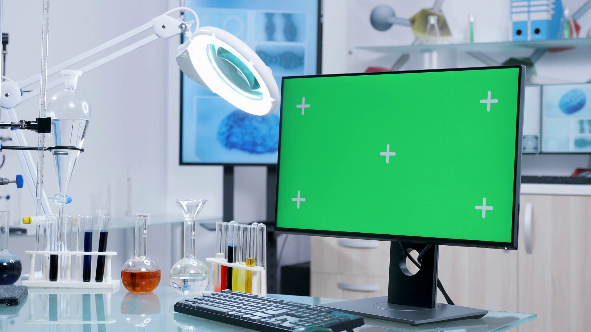 Dolly close up footage of green screen isolated mock-up monitor in ...