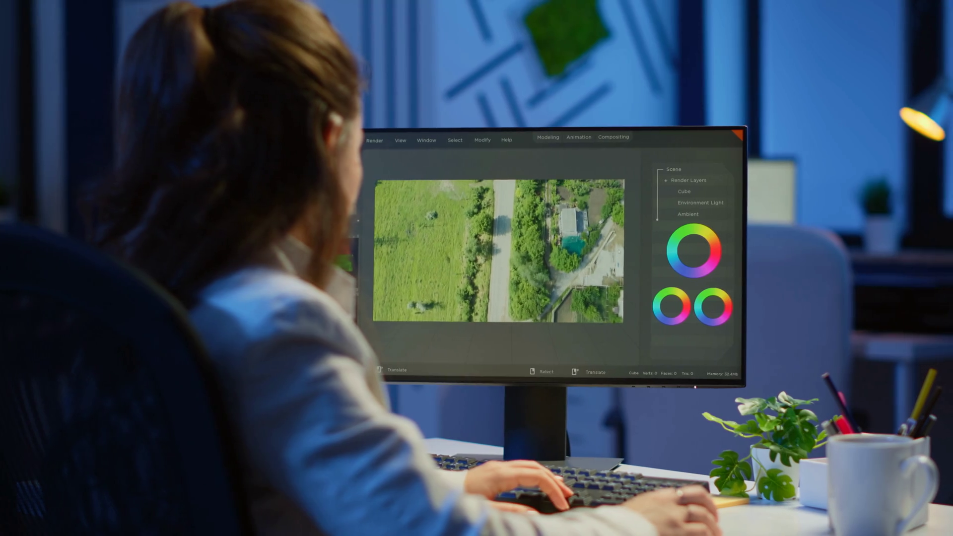 Focused videographer editing movie on professional computer sitting at ...
