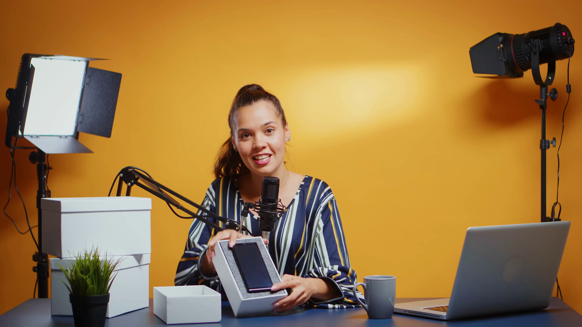 Influencer Giving Modern Smartphone Gift To Stock Footage SBV-338655716 ...