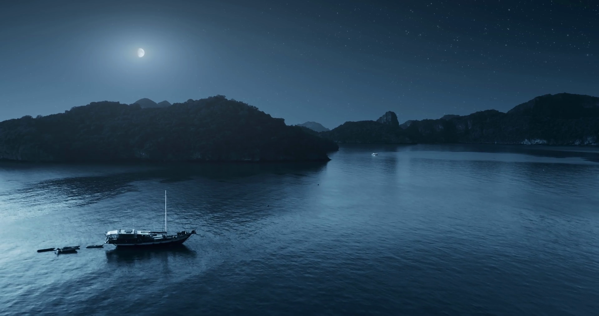 Boat In Moon Glow Blue Night Sea Aerial View Stock Footage SBV ...