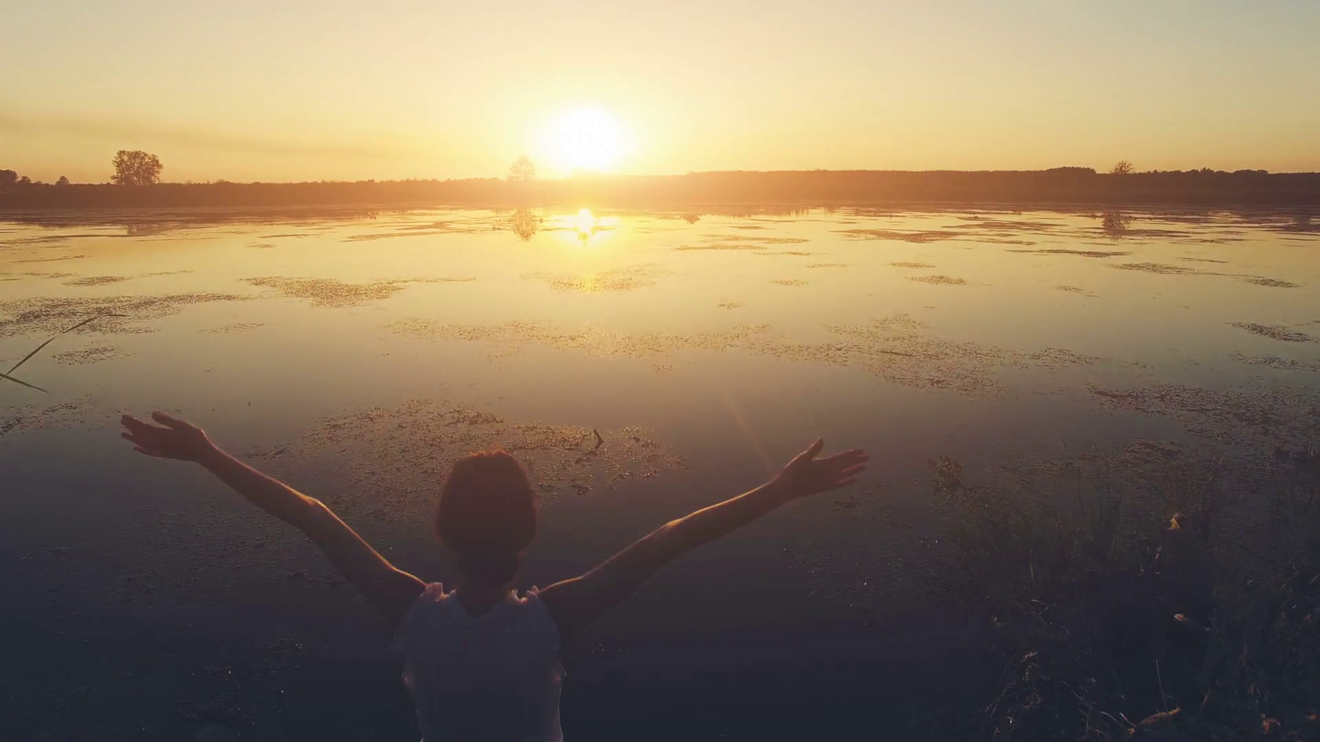 Aerial View: Flight Over Woman With Raised Stock Footage SBV-348362323 ...