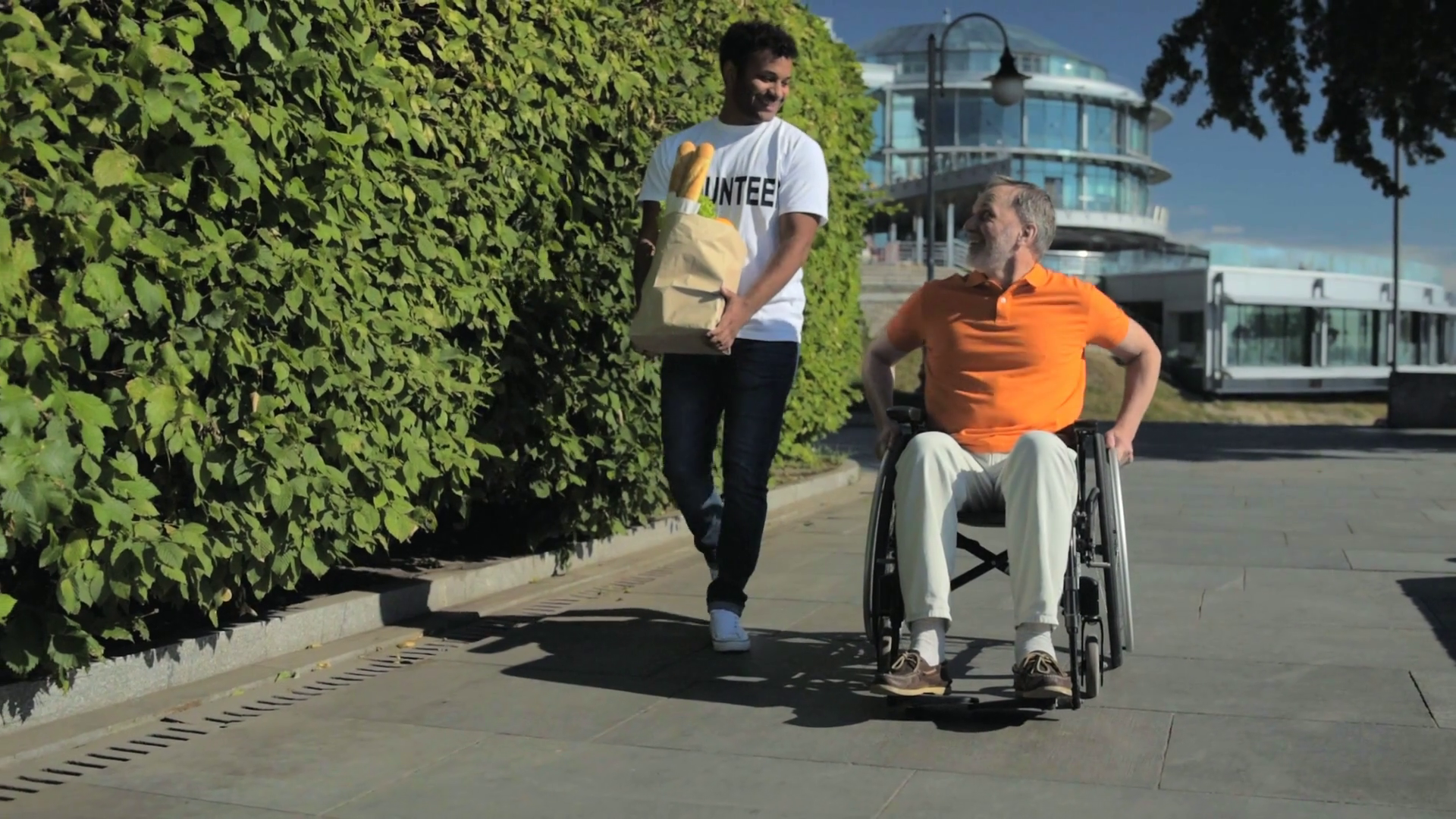 Positive Volunteer Helping Wheelchaired Man Stock Footage SBV-316415181 ...
