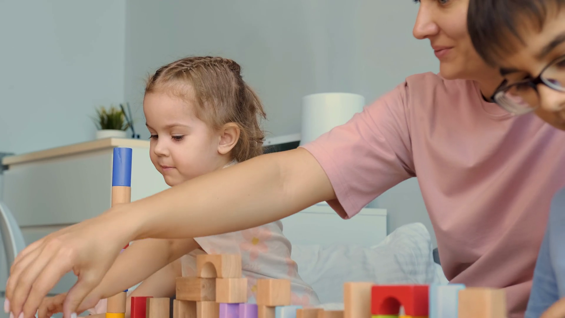 Mom Children Build Structures From Wooden Stock Footage SBV-347611733 ...