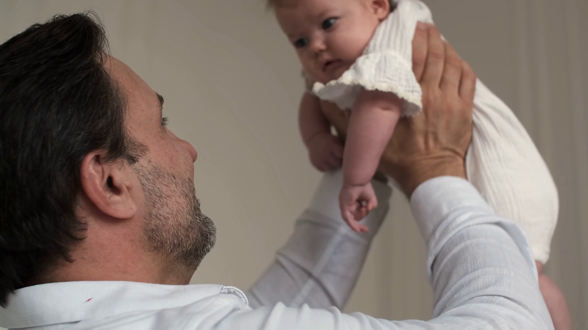 Happy Father Lifts Up Newborn Baby Rejoices Stock Footage SBV-348648688 ...