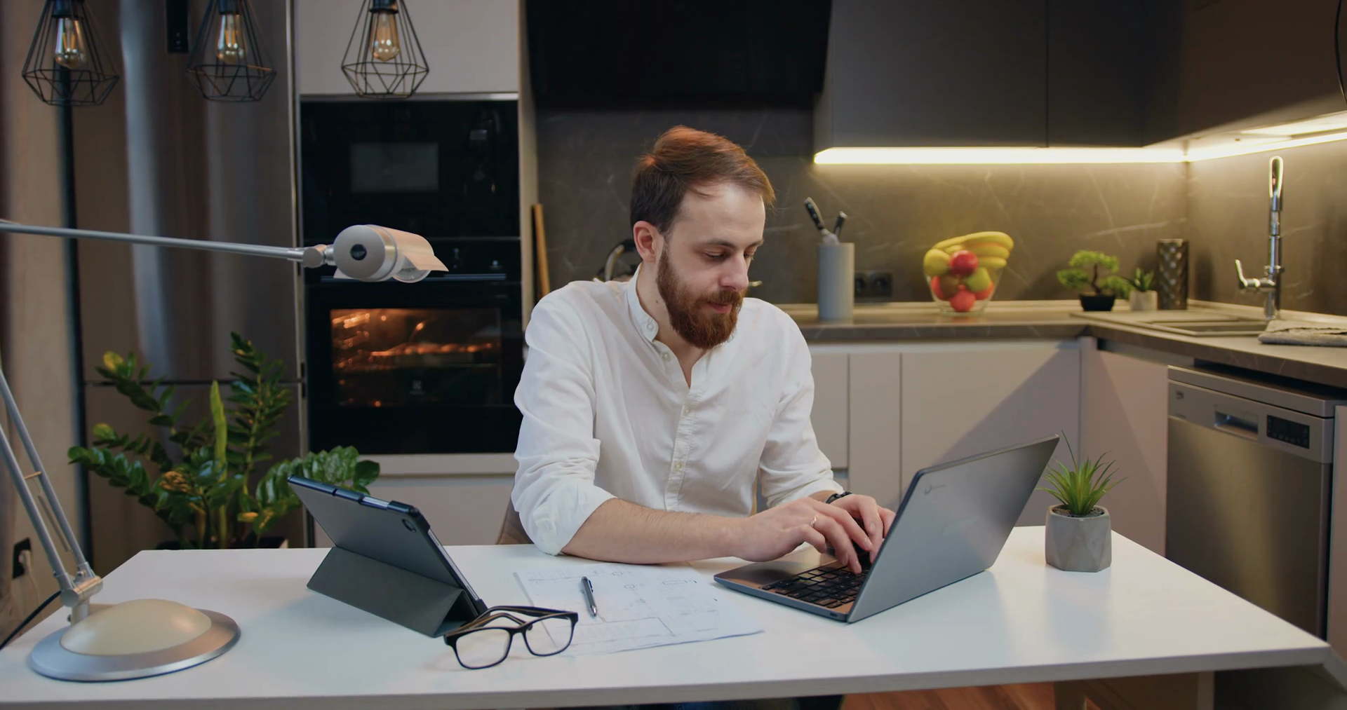 Relaxed Adult Man Sitting In Kitchen On Desk Stock Footage SBV ...