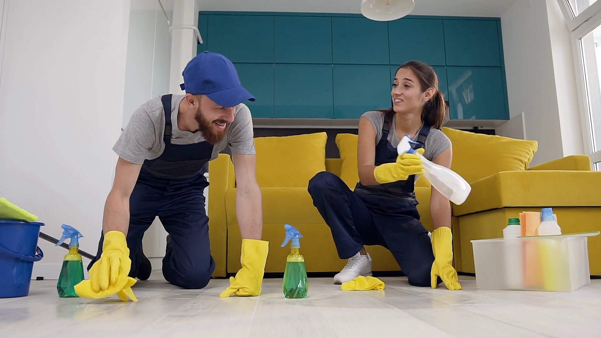 Smiling Happy Cleaners In Workwears Washing Stock Footage SBV-337750341 ...