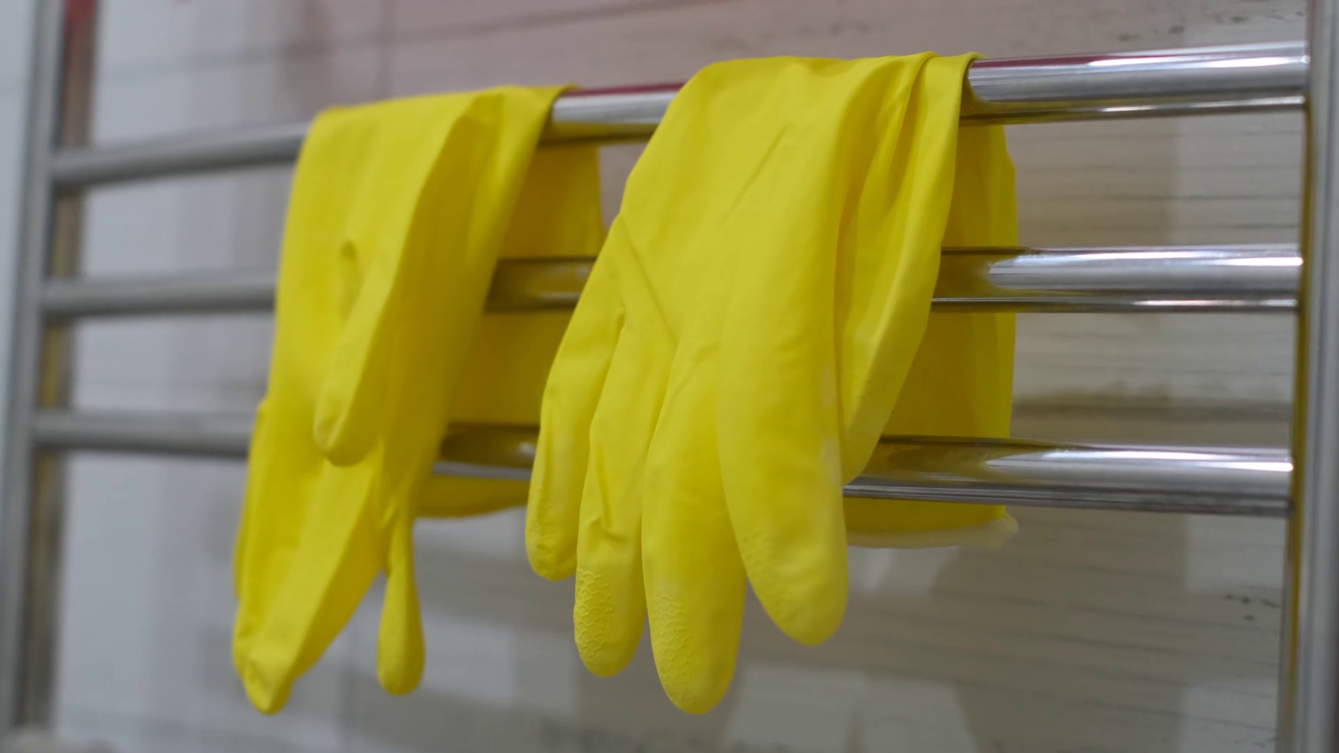 Yellow Household Rubber Gloves Are Drying In Stock Footage SBV ...