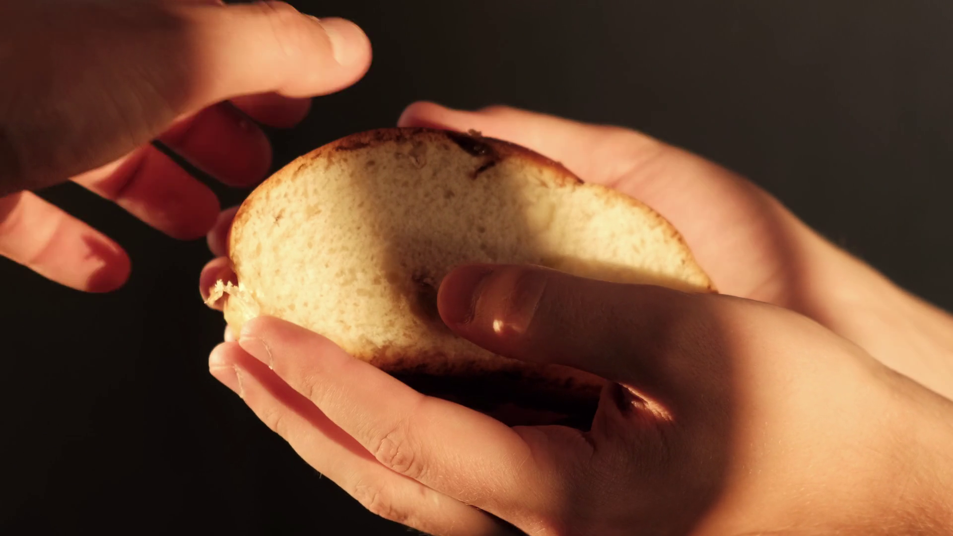 Male Hand Gives Bread To Homeless Hungry Man Stock Footage SBV ...