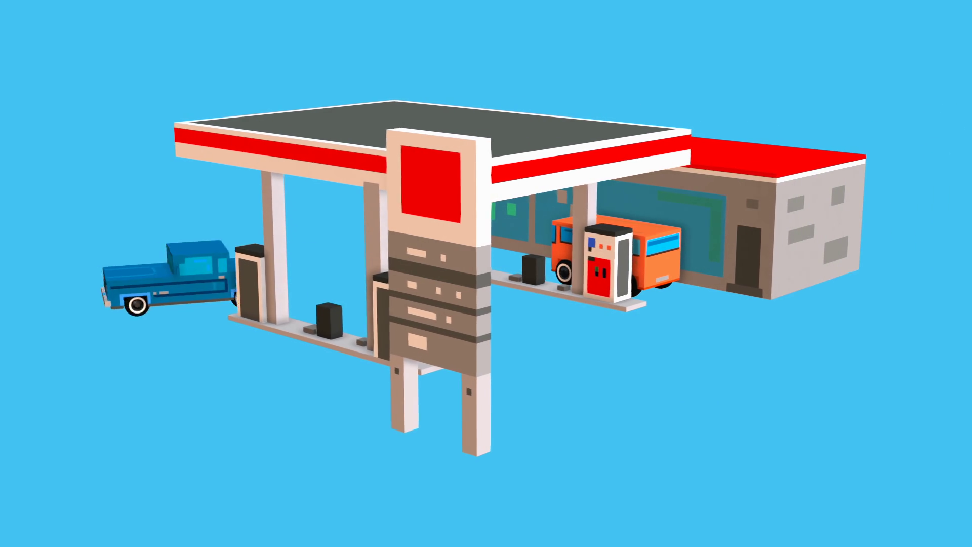 Minimalistic, voxel style 3d animation: Cars pull into and leave a gas ...