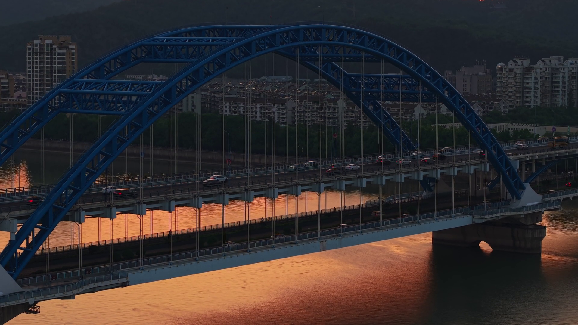 Stunning Aerial View Of Blue Arch Bridge Stock Footage SBV-352203634 ...