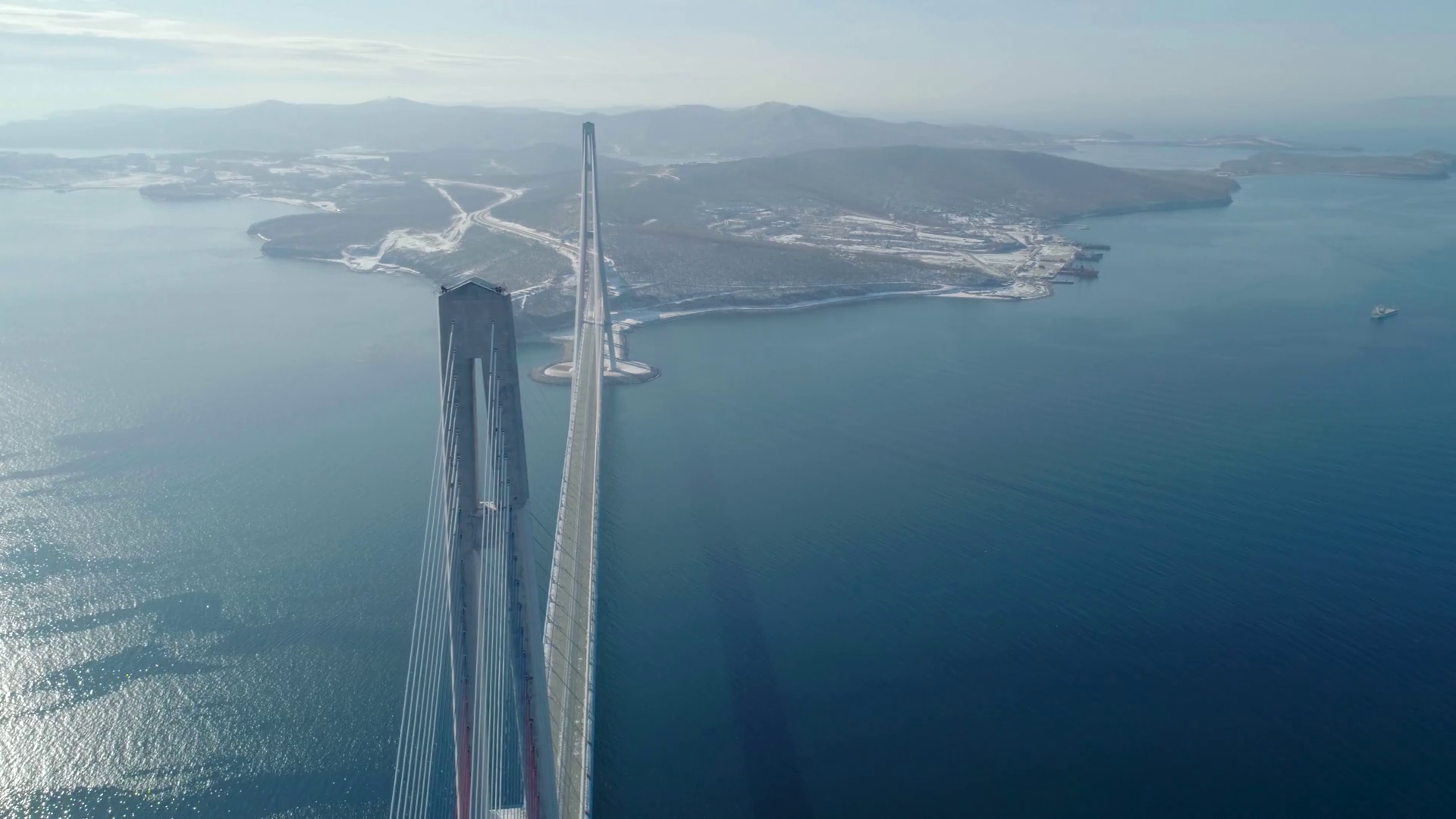 Aerial over the Russky road bridge. Bridge across the Eastern Bosphorus ...