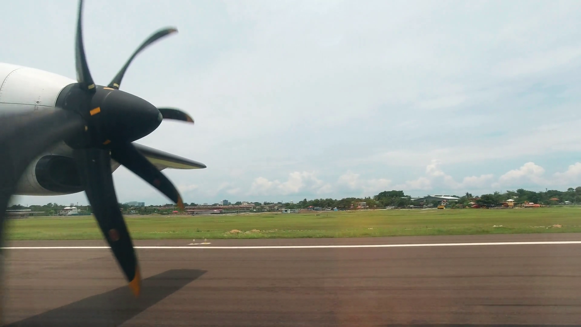 Turbo-prop plane takes off view from plane window passenger. Stock ...