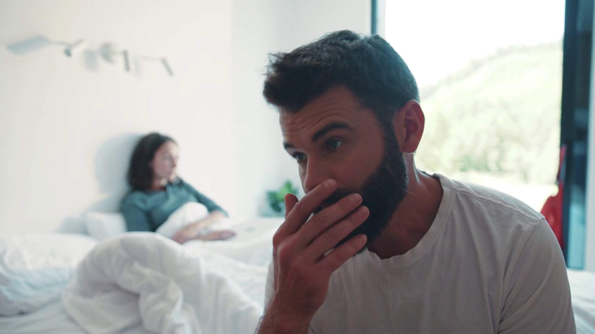 Thoughtful Sad Bearded Man Sits On Corner Of Stock Footage SBV ...