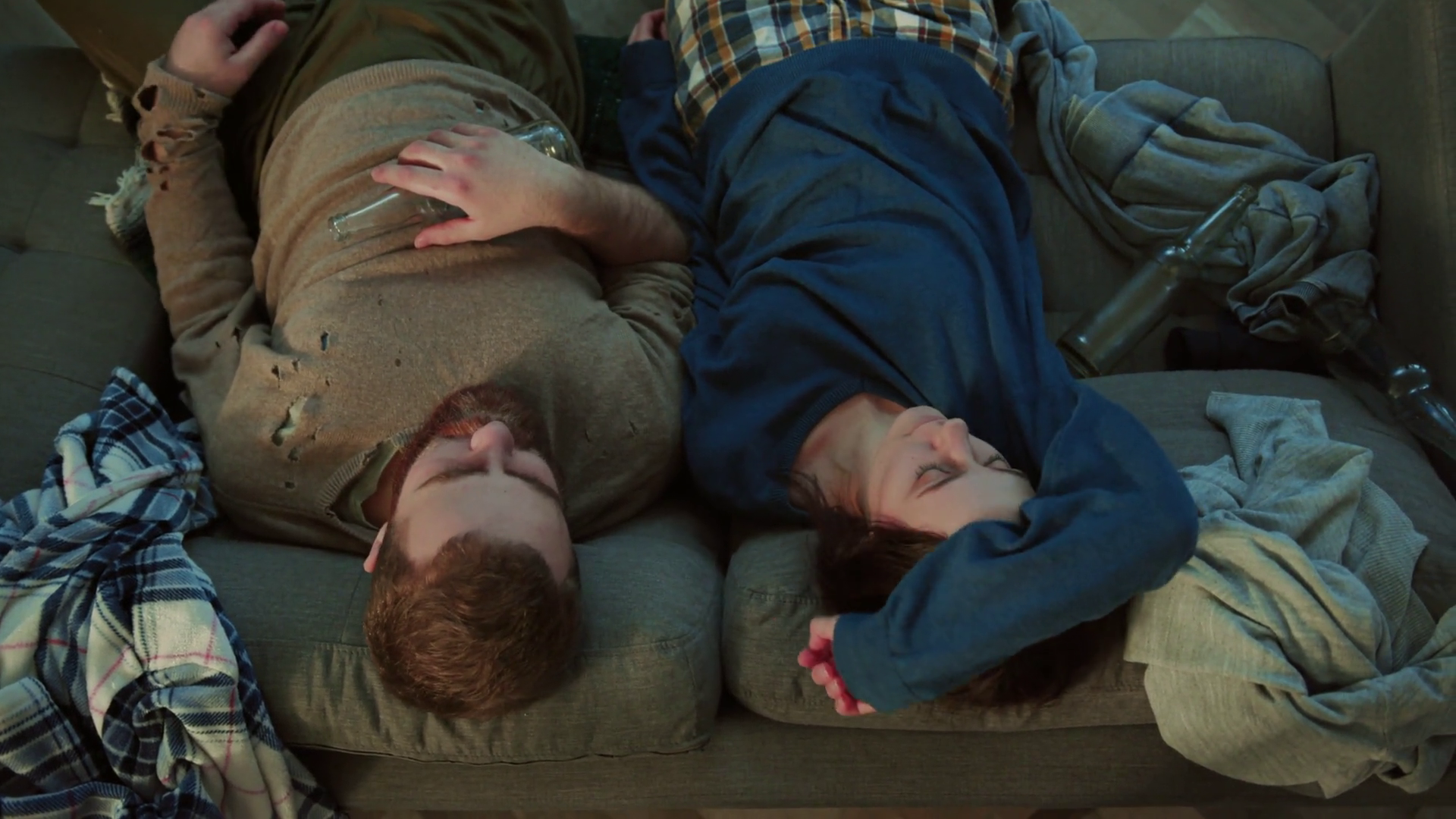 Young Poor Couple Drink Beer Lying On Sofa Stock Footage SBV-352674053 ...