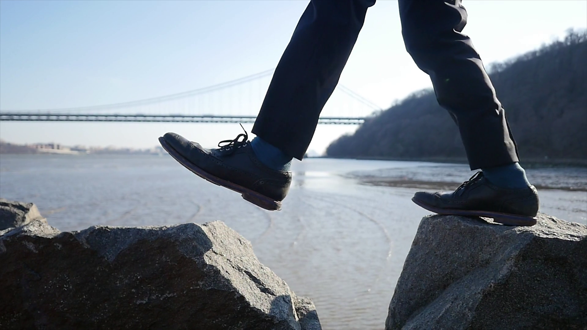 Feet Walking Over Stone Rocks Overcoming Stock Footage SBV-307635783 ...