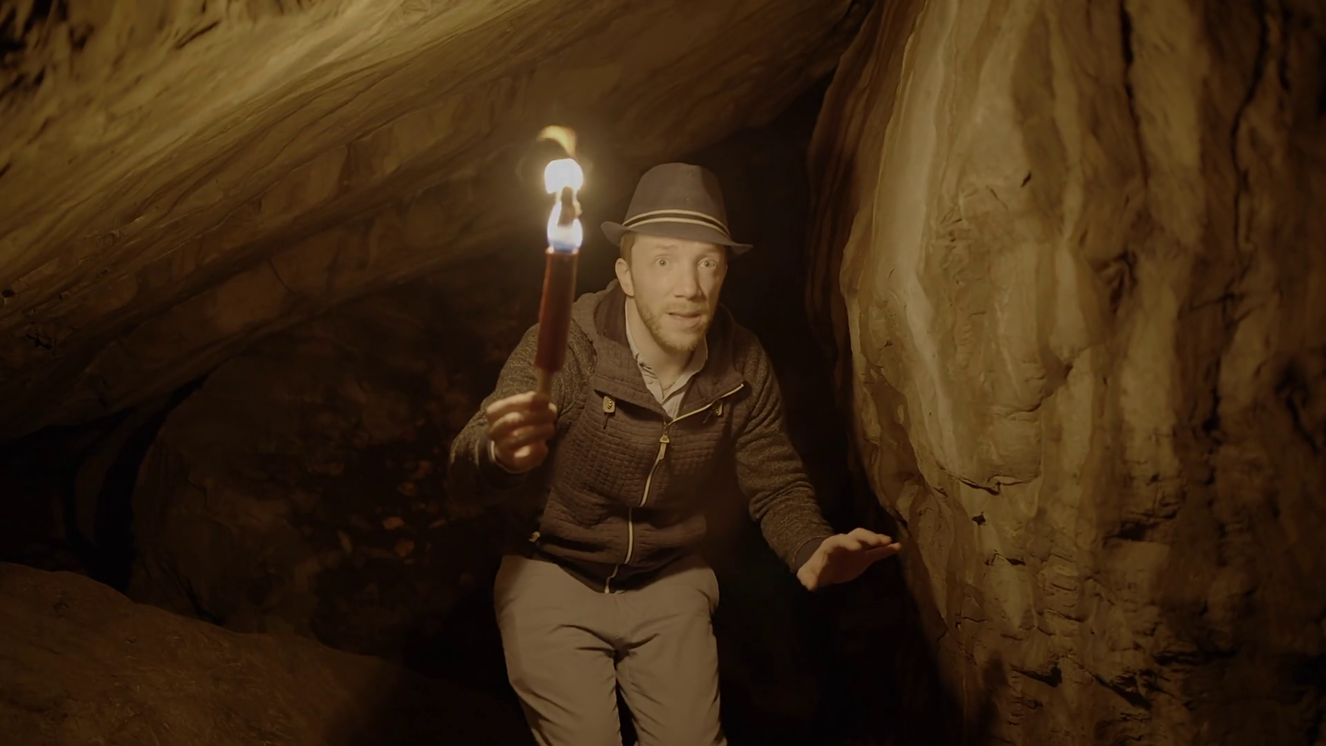 Man Holding Burning Torchlight Exploring Stock Footage SBV-348489228 ...