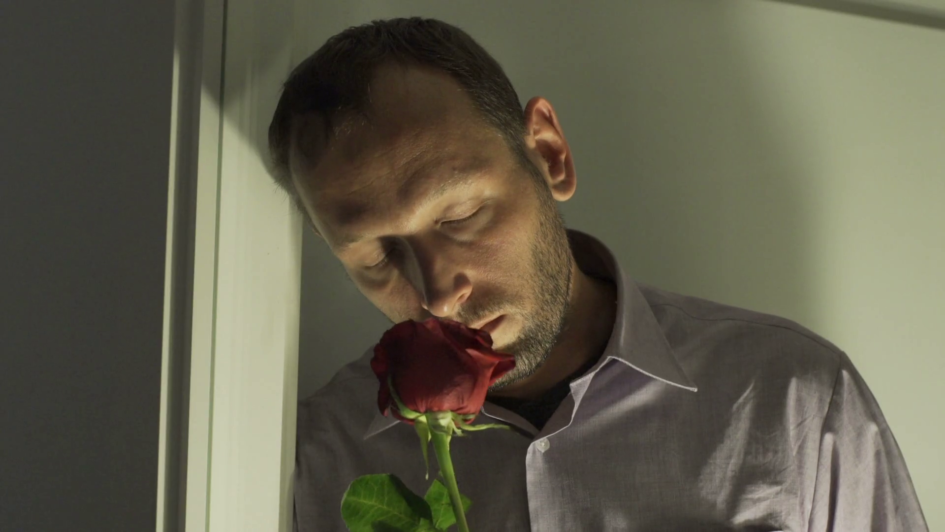 Sad Man Smelling Rose Standing Next To Window Stock Footage SBV ...