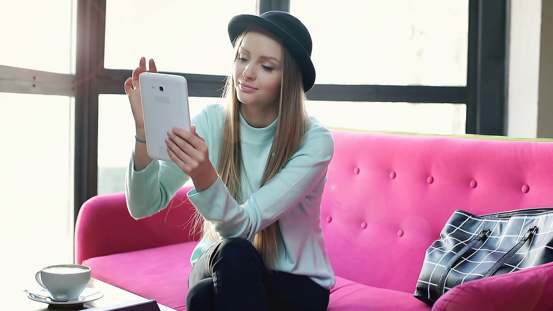 Pretty Girl Browsing Internet On Tablet Stock Footage SBV-313093276 ...