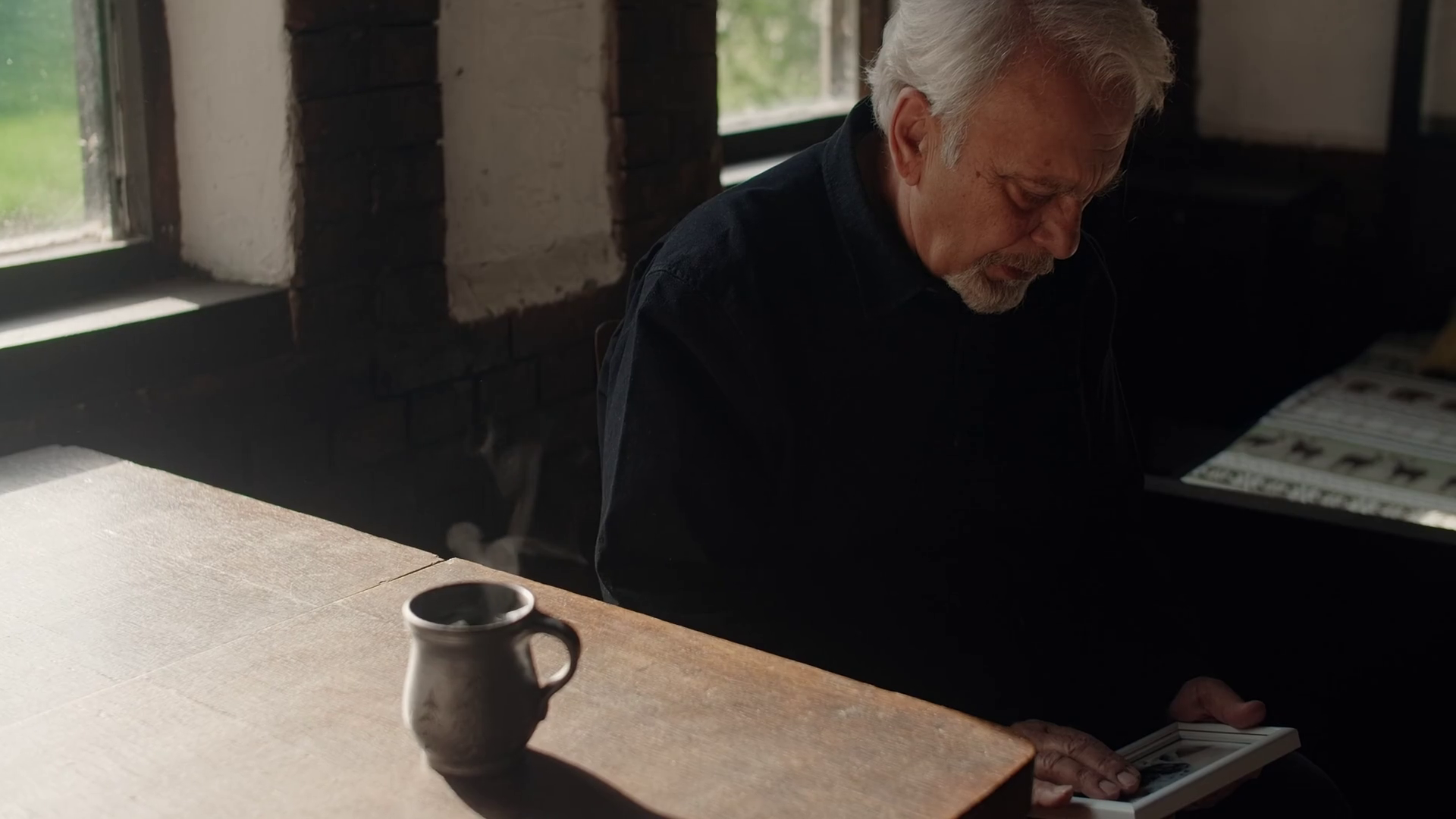 Sad Old Gray Haired Man Looks To Portrait Of Stock Footage SBV ...