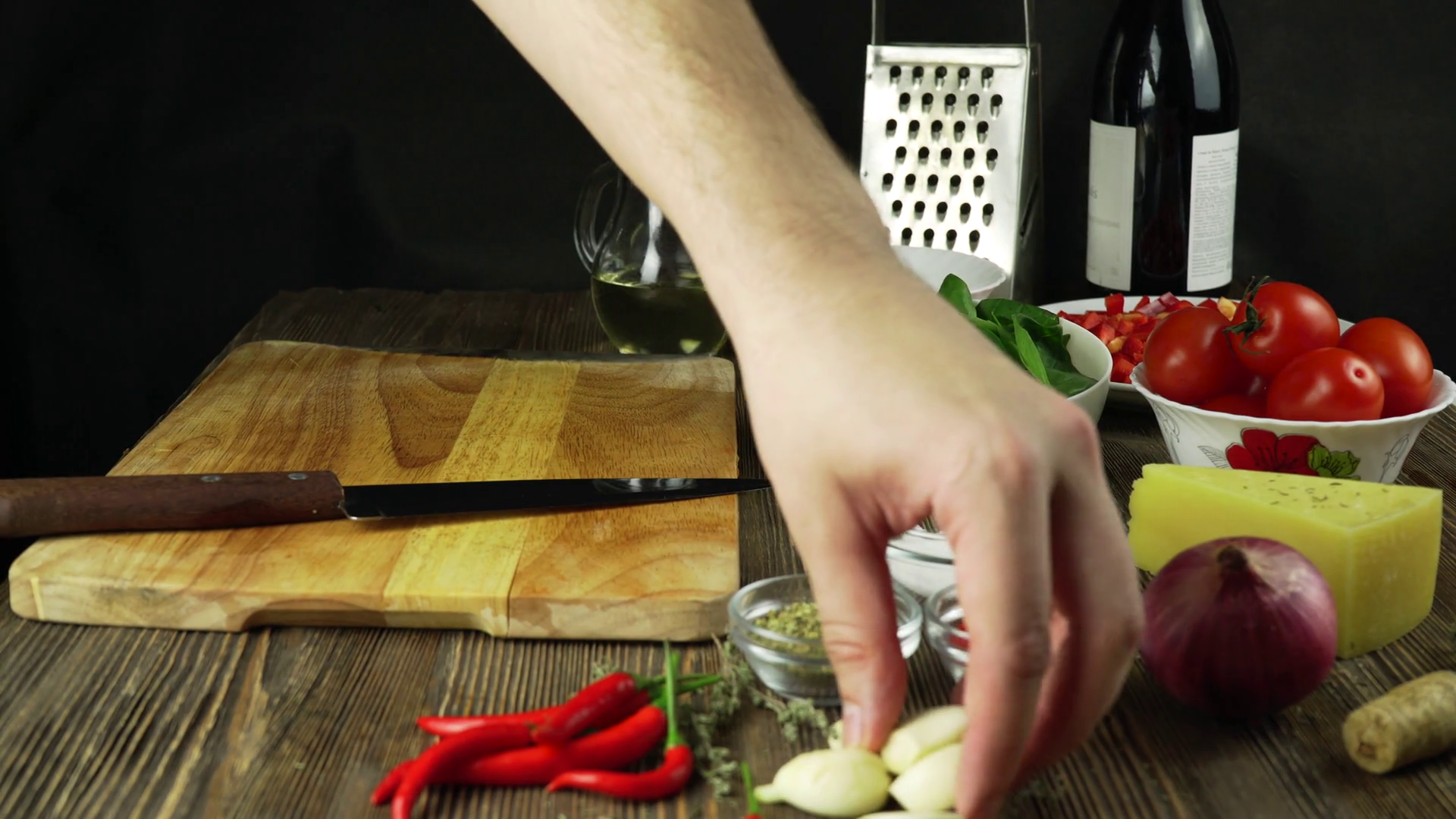 The Chef Slices Garlic Knife Chopping Board Stock Footage SBV-314006256 ...