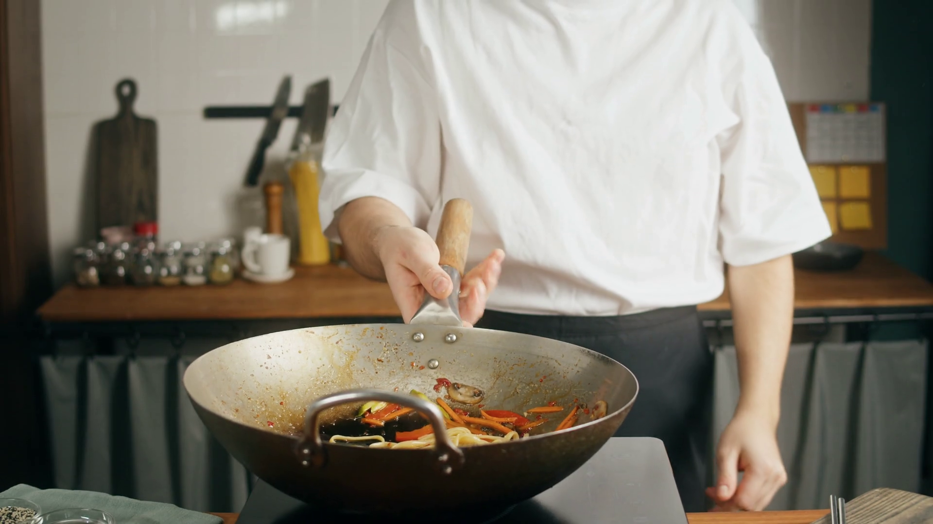 Chef Cooking Asian Rice Noodles With Fried Stock Footage SBV-346789557 ...