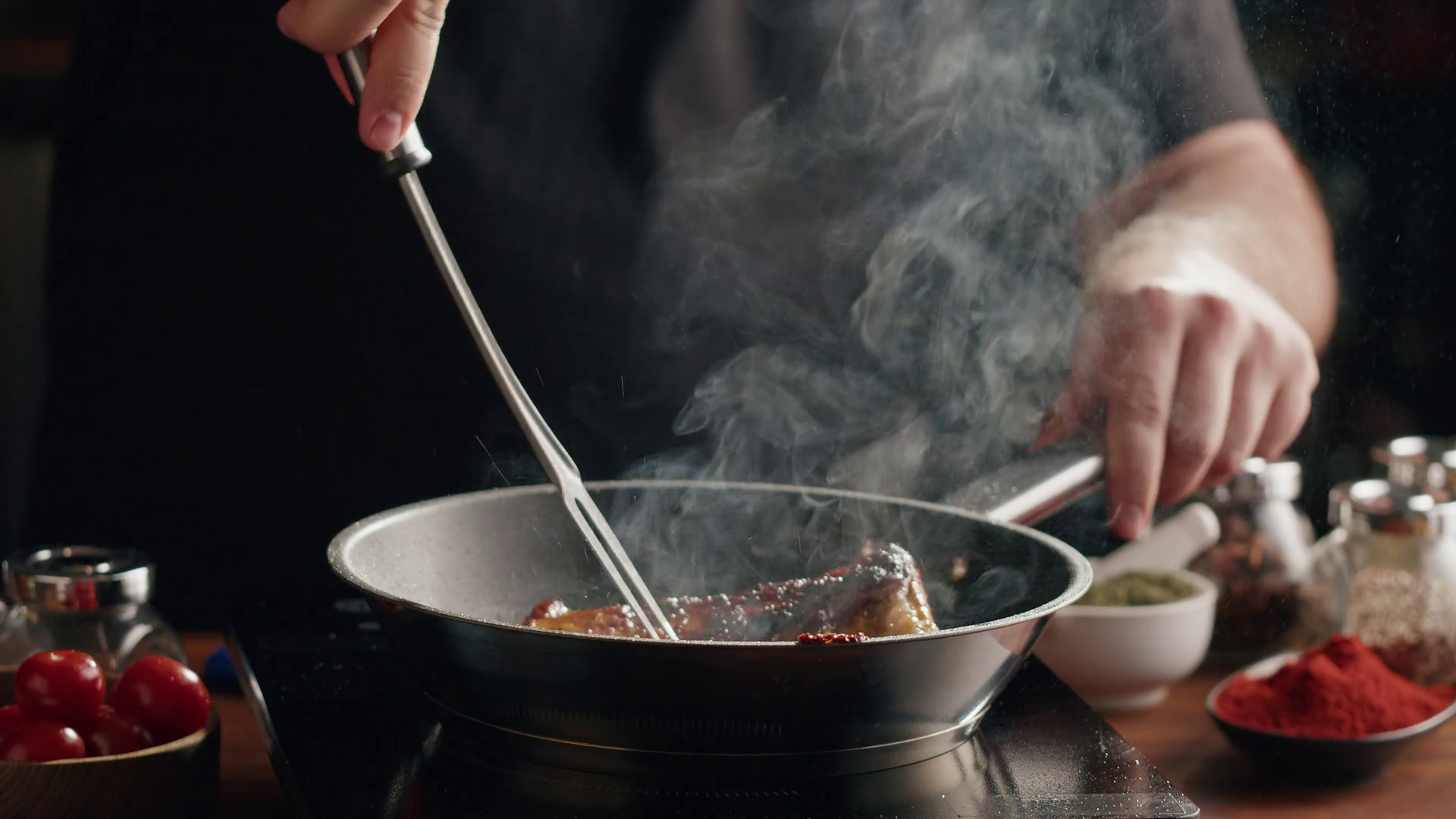 Chef Frying Ribs Close-up Professional Cheif Stock Footage SBV ...