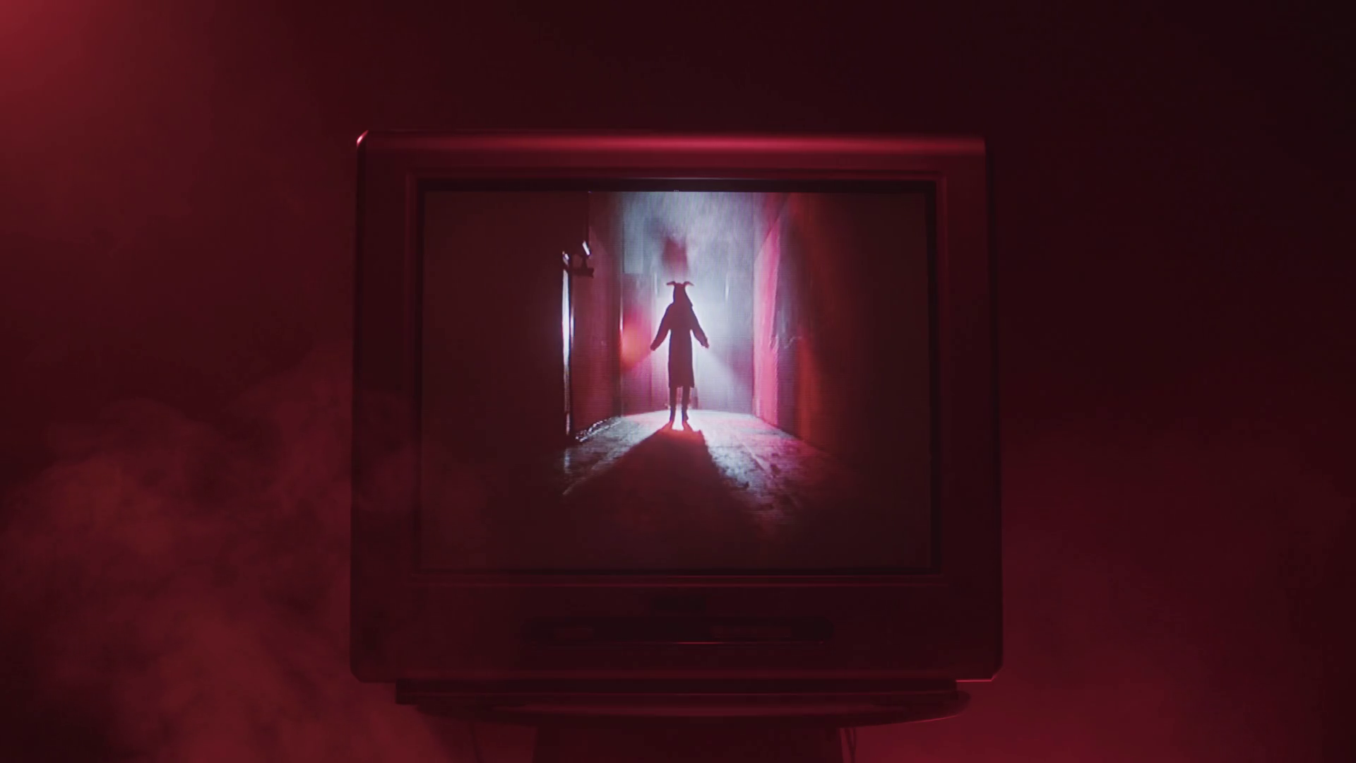 Horror film. Old tv screen with devil close-up. Creepy exorcist with ...