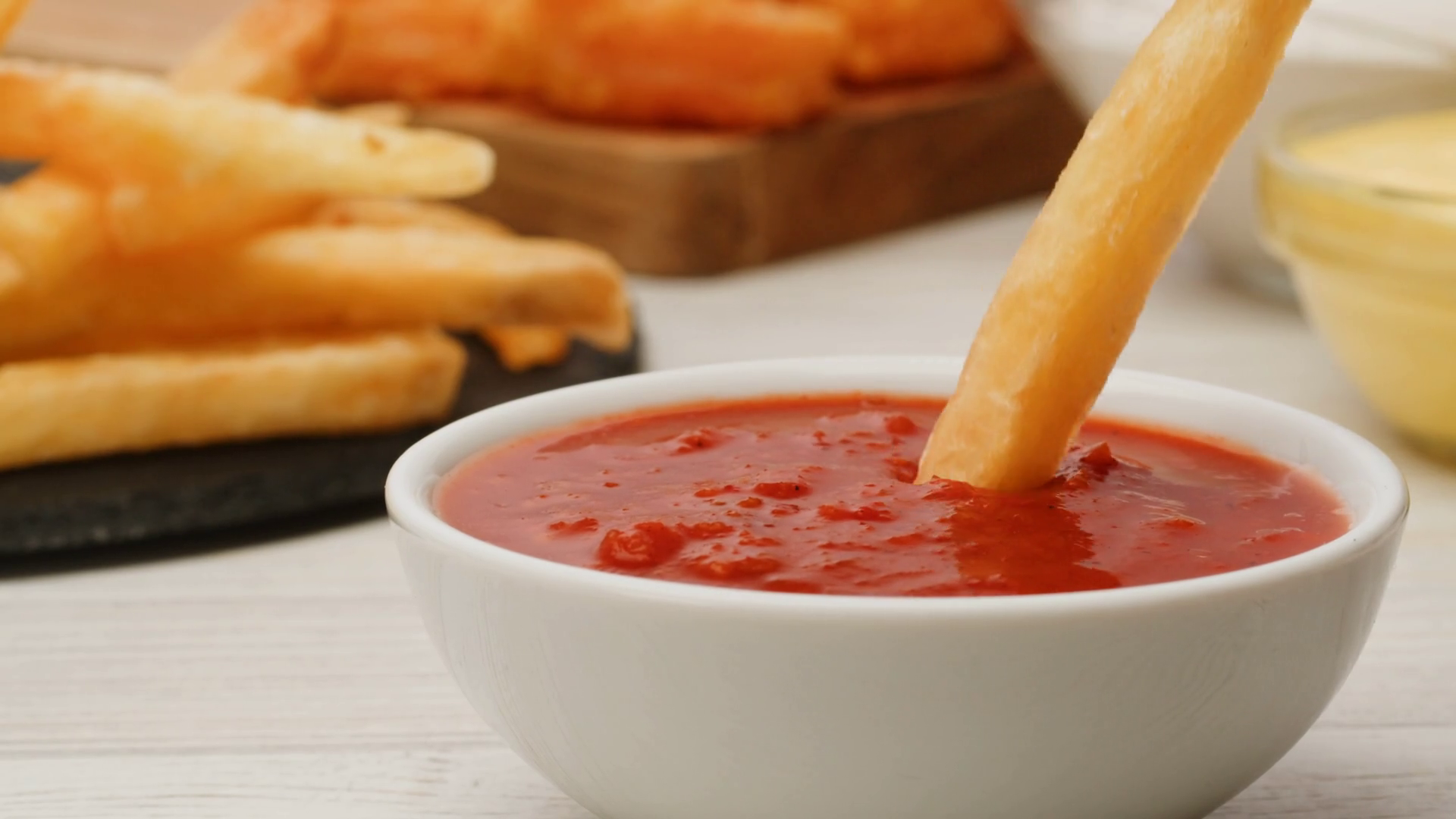 Piece Of Fried Potato Dipped In Red Stock Footage SBV-348956331 ...