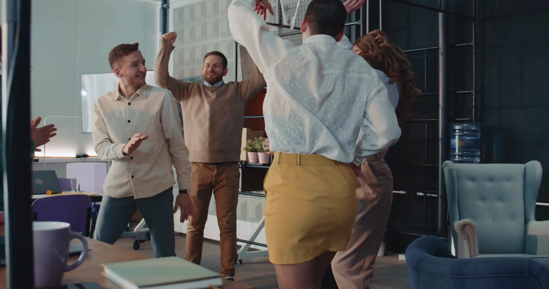 OFFICE PARTY Group of happy fun young multiethnic business people dance ...